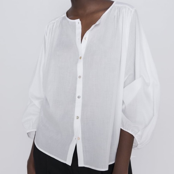 Zara | Tops | Zara White Cotton Blouse With Ruching | Poshmark